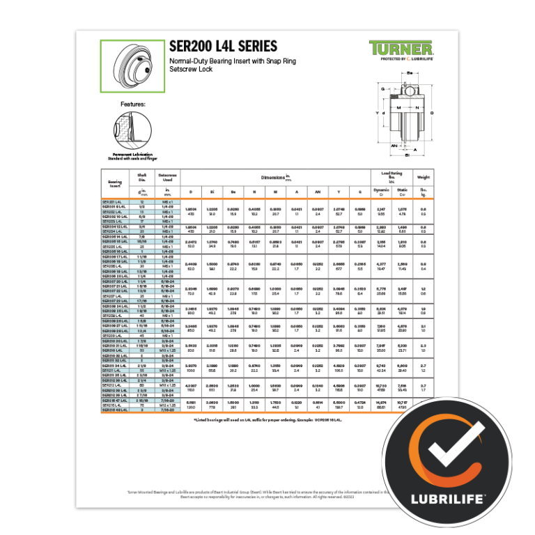 Bearing Inserts w/ Lubrilife Spec Sheets - Turner Mounted Bearings